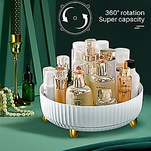 360° rotating storage tray, rotary table diameter 8.66 inches, cosmetics and perfume organizer, desktop storage tray for cosmetics and skincare products Large capacity, small white (8.66"×8.66"×2.95")