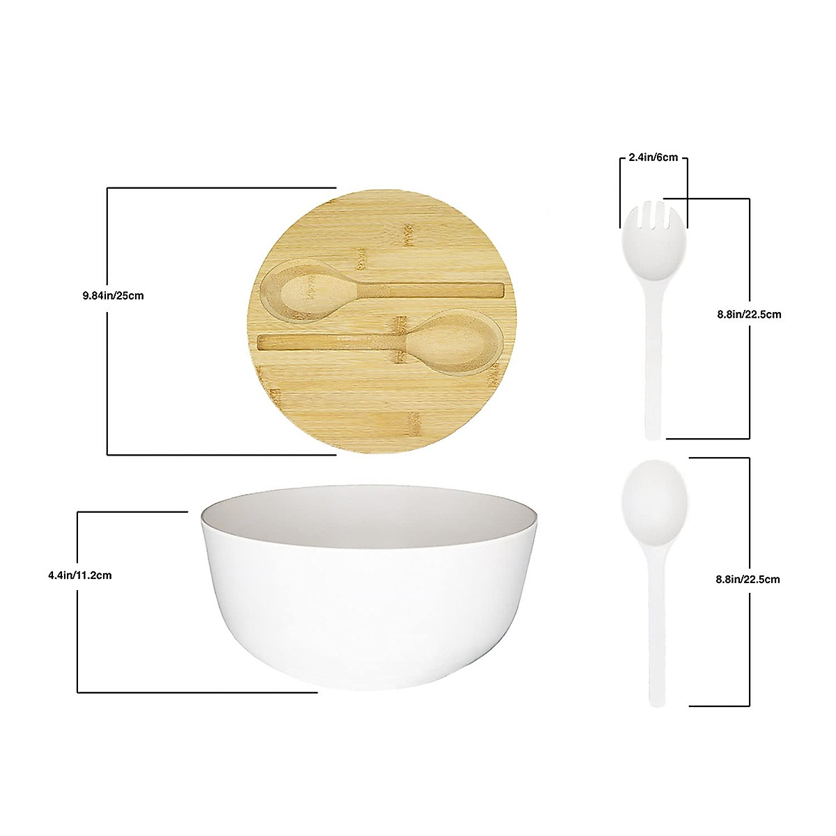 Bamboo Salad Bowl with Serving Spoons, Wooden Bamboo Lid and Cutting Board. Large 9.8 Inch Mixing, Fruit, Food, Dessert, Storage Bowl Set. Lightweight, Dishwasher Safe. White