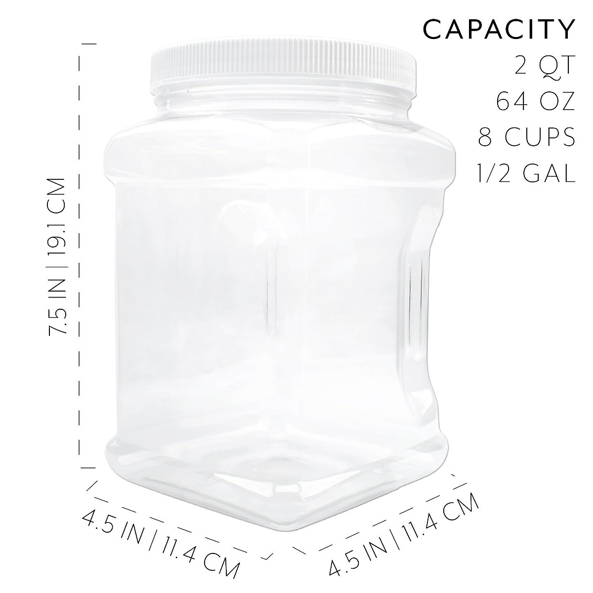 Cornucopia Brands 3-Pack Square 64 Oz 1/2 Gallon Plastic Canisters; 8-Cup Capacity Clear Jars w/ White Plastic Lids & Chalk Labels, BPA-Free Lightweight PET #1 Plastic