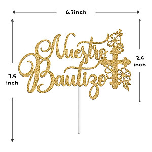 Nuestro Bautizo Cake Topper, Mi Primera Comunion, First Holy Communion, Bridal Shower/Wedding/Baptism/Christening Baby Shower Party Decorations, Gold Glitter