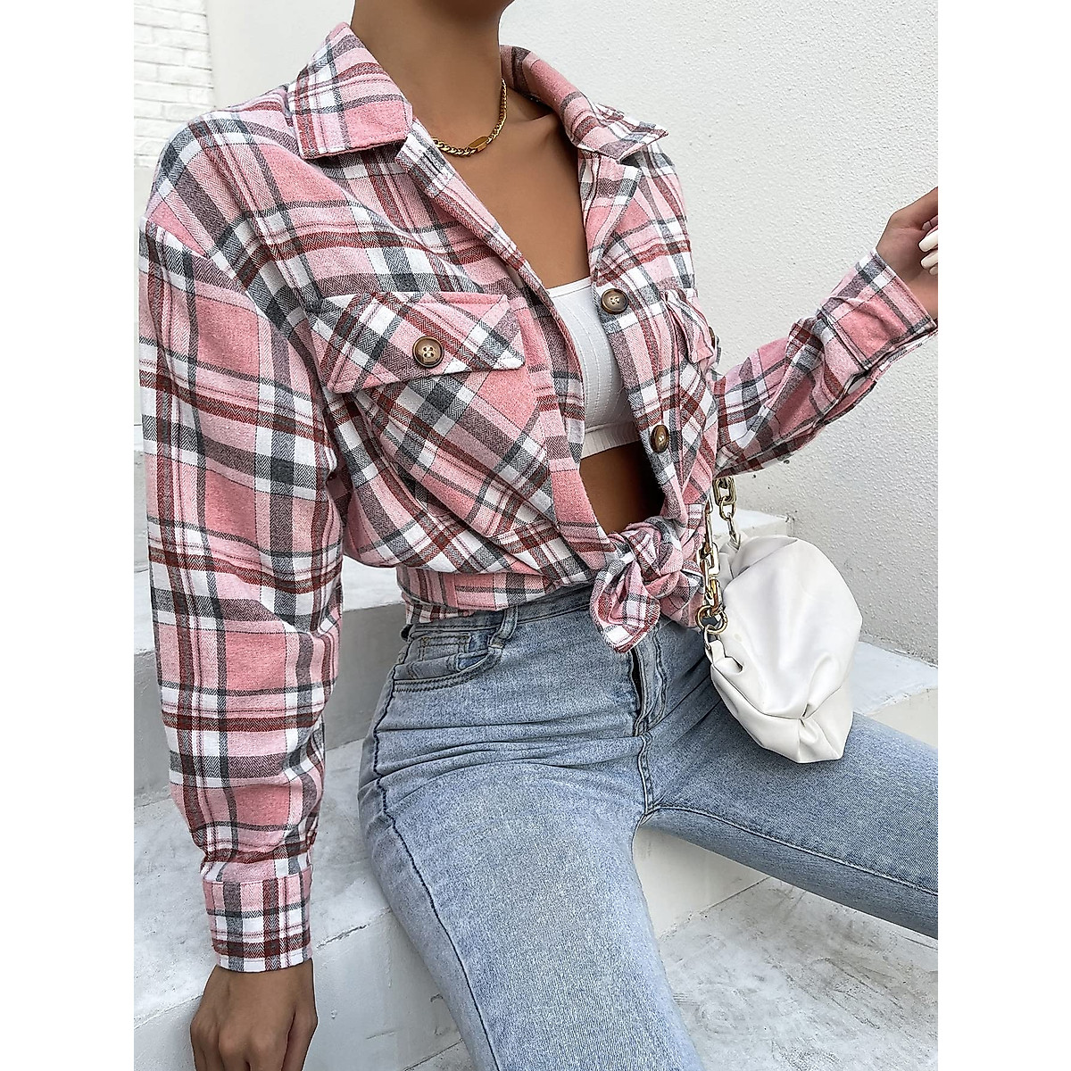 Floerns Women's Casual Long Sleeve Button Down Plaid Shirt Blouse Top Pink Multi XS