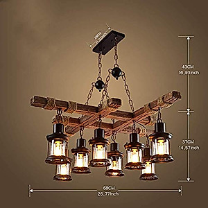 8 Lights Industrial Wooden Hanging Lighting Black Metal Chandelier Farmhouse Vintage Pendant Lamp Glass Lampshade for Pool Table Kitchen Island Bar Retro Ceiling Light Height Adjustable Fixture