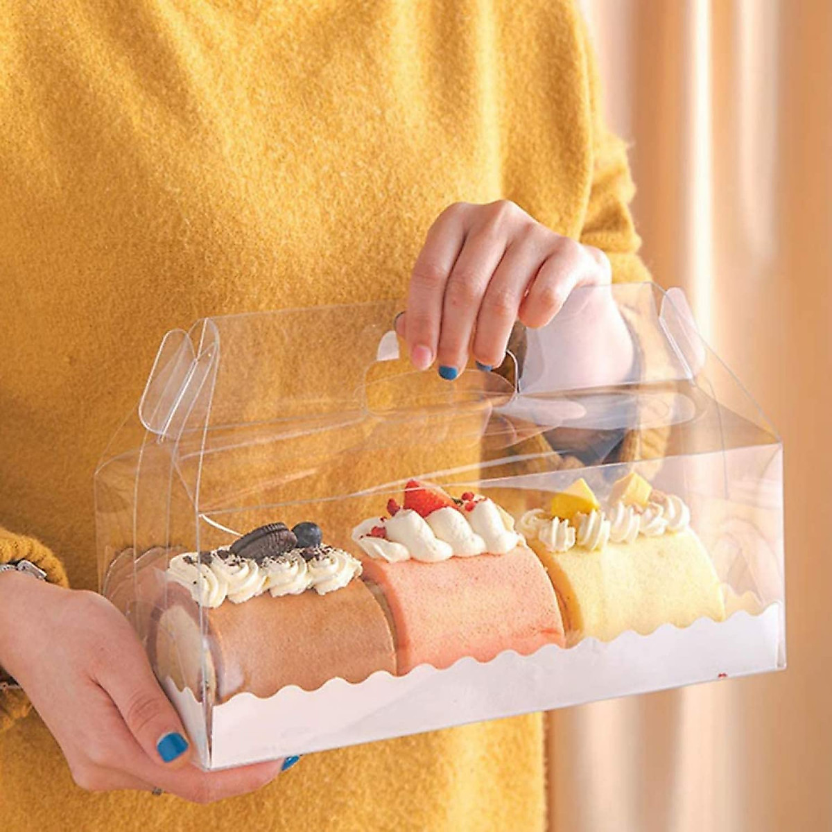 6pcs Transparent Cake Roll Packaging Box with Tray Portable Containers Dessert Holder Dessert Holder Display Food Storage Holder