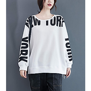 ellazhu Women's Autumn Casual Crew Neck Long Sleeve Sweatshirt Pullover GA2062 White