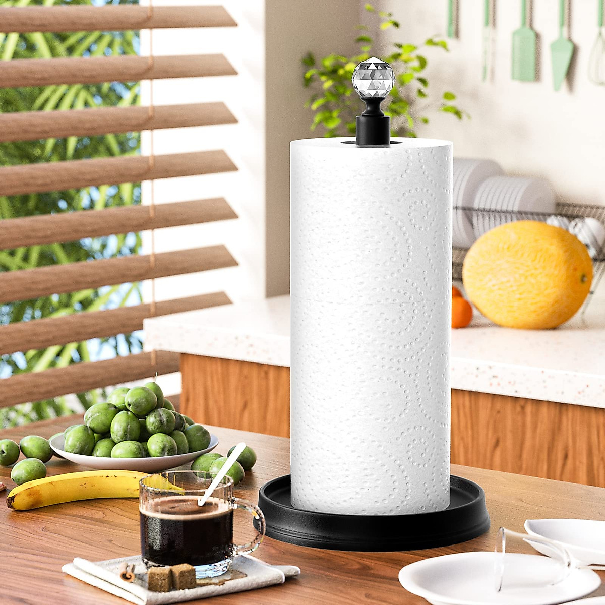 KASUNTO Paper Towel Holder (with Crystal Head) Steel Paper Towel Holder countertop，Black Paper Towel Holder for Kitchen Countertops, Bars & Dining Tables,Fits Standard & Jumbo Rolls,Matte Black