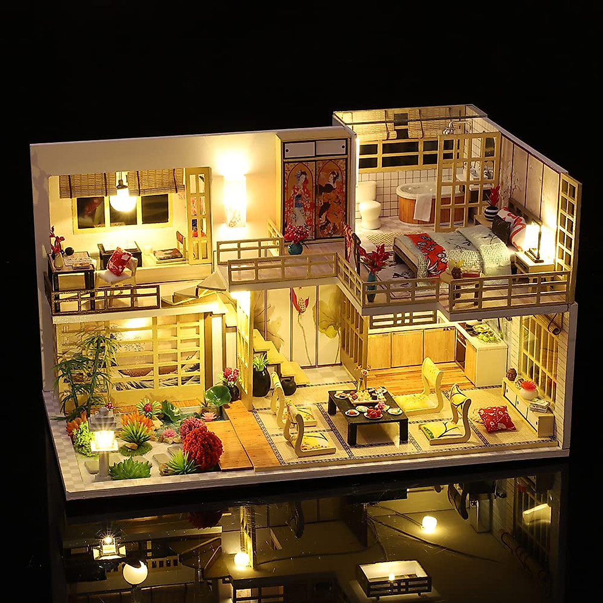 Flever Dollhouse Miniature DIY House Kit with Japanese Style, Creative Room with Furniture for Romantic Valentine's Gift (Quiet and Elegant Residence)