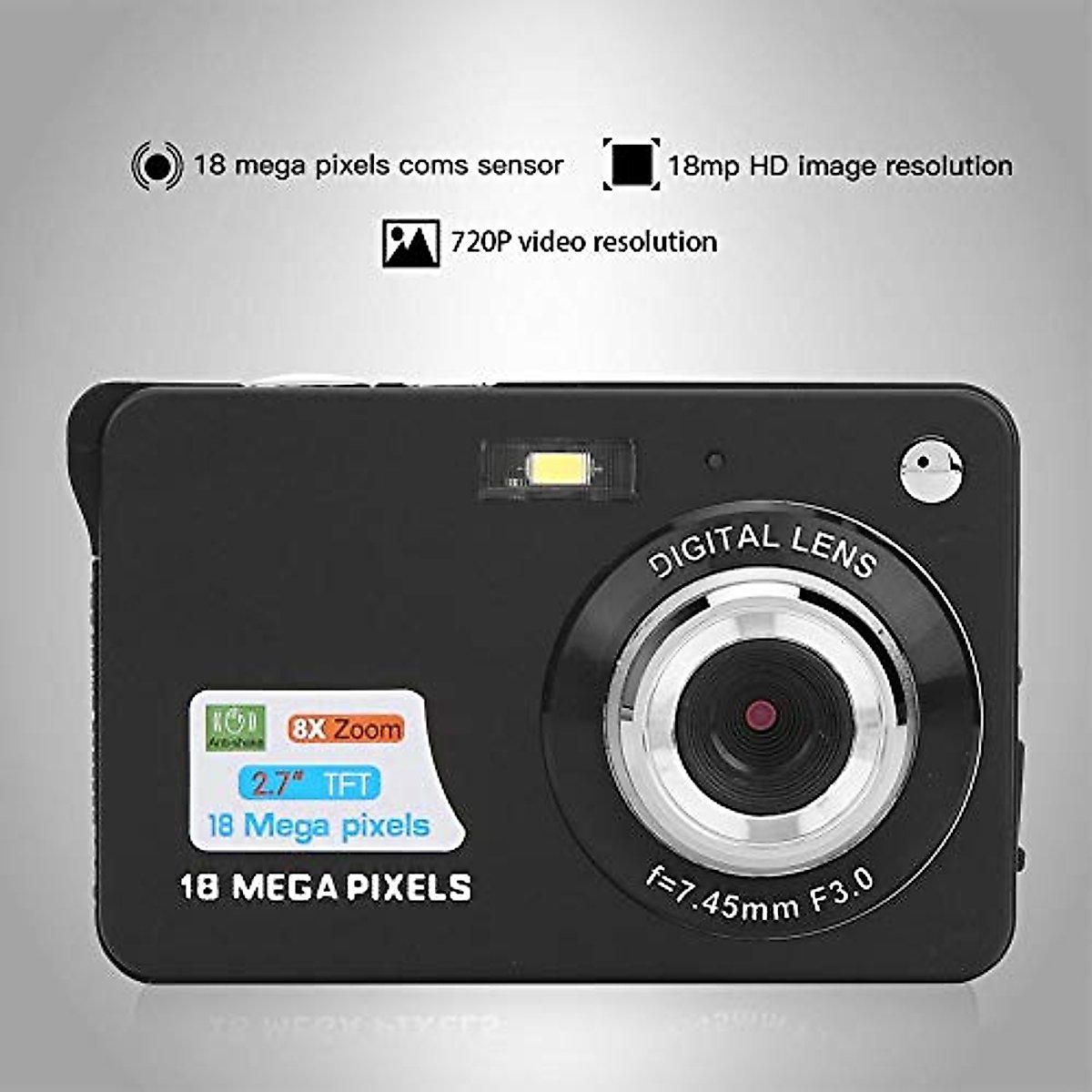 Digital Camera 8X Zoom Card Digital Camera 18 Mp 2.7in LCD Display Maximum Support 32gb Memory Card Built-in Microphone Selfie Camera for Boys and Girls(Black)