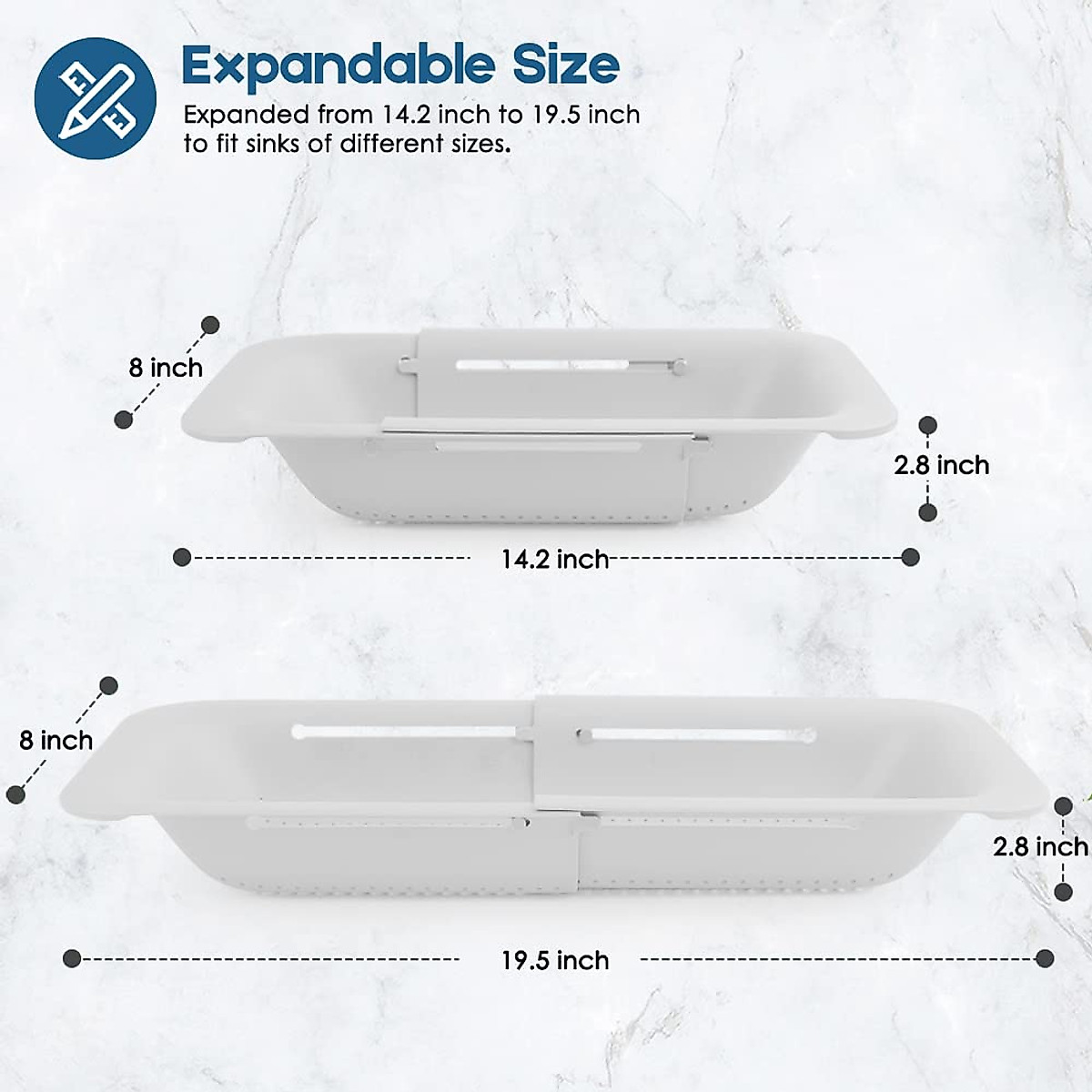 Collapsible Colander Kitchen Extendable Strainer Fruits Vegetables Noodle Pasta Food Drain Basket Space-Saver Portable Drainer Over Sink(1, 2#White)