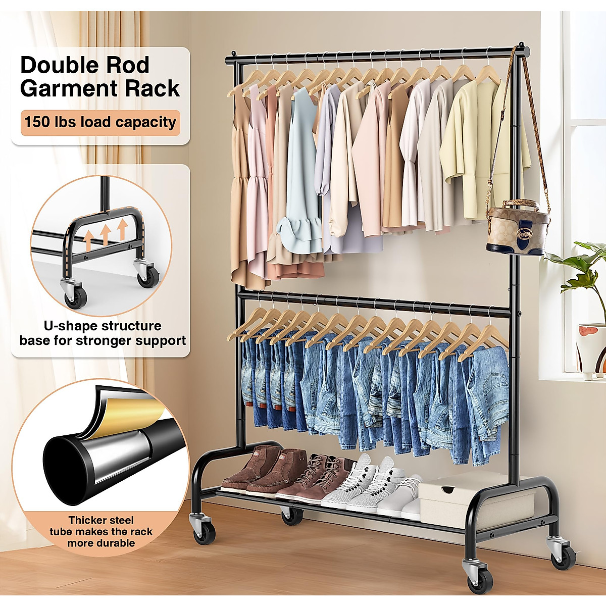 MISSLO Heavy Duty Clothing Racks for Hanging Clothes Rack Double Rod Garment Rack Rolling Closet Wardrobe Rack on Wheels, Metal, Adjustable, Black