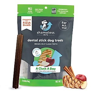 Shameless Pets Dental Treats for Dogs, A Cluck A Day - Healthy Dental Sticks with Digestive Support for Teeth Cleaning & Fresh Breath - Dog Bones Dental Chews Free from Grain, Corn & Soy