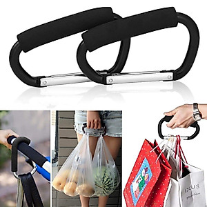 Magnoloran 4 Pack Grocery Bag Shopping Bag Holder Handle Carrier Tool Baby Stroller Hook Stroller Organizer Hook Clips Multi Purpose Snap Hook Carabiner Clip with Cushion Grip, Black & Purple