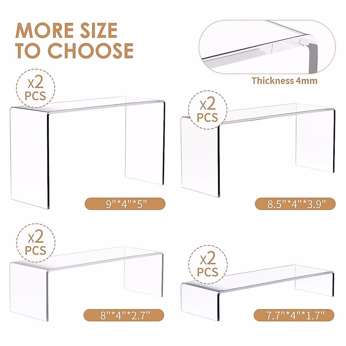 Anglelife 8 Pcs Widen Rectangle Display Stand, Clear Acrylic, 4 Levels, No Assembly Required