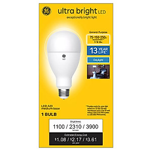 GE Lighting GE Ultra Bright LED 3-Way Light Bulb, 75/150/250 watt Equivalent, Daylight, 1100/2310/3900 lumens, exceptionally Bright LED A23, Frost Finish, ultrabright LED