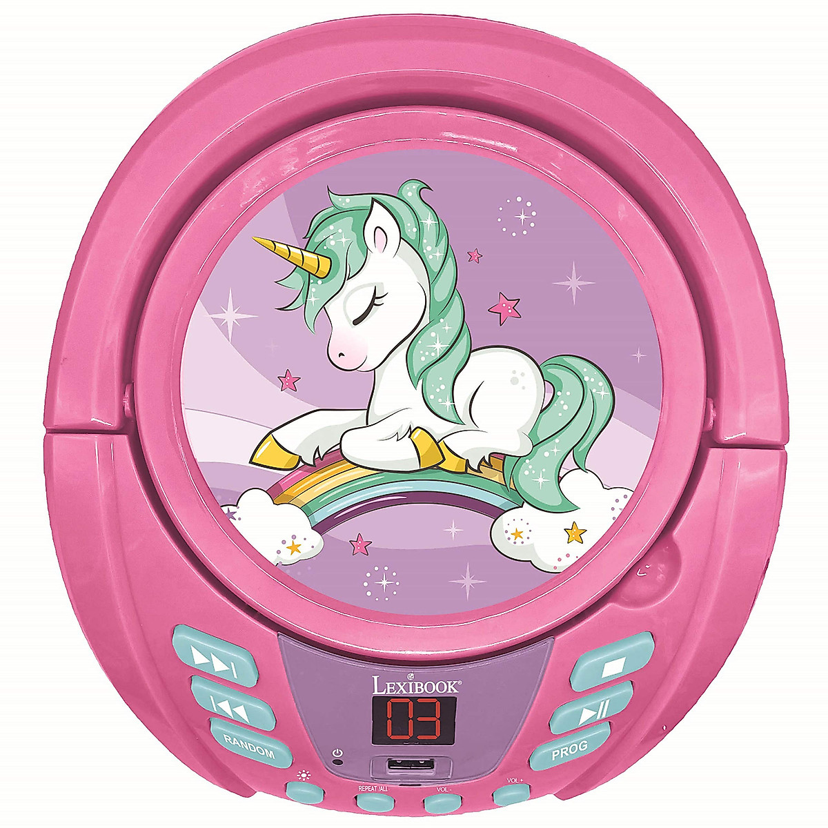 Lexibook Unicorn - Bluetooth CD Player for Kids – Portable, Multicoloured Light Effects, Microphone Jack, Aux-in Jack, AC or Battery-Operated, Girls, Boys, Pink, RCD109UNI