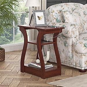 FROMJBEST End Table with Charging Station, Side Table with USB Ports and Outlets, 3 Tier Nightstand Sofa Table for Small Spaces, Beside Table with Storage Shelf for Living Room, Bedroom