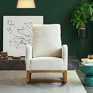 Pannow Upholstered Rocking Chair Mid-Century, Modern Nursery Rocking Armchair, Upholstered Tall Back Accent Glider Rocker with 2-Side Pocket for Bedroom Living Room Lounge