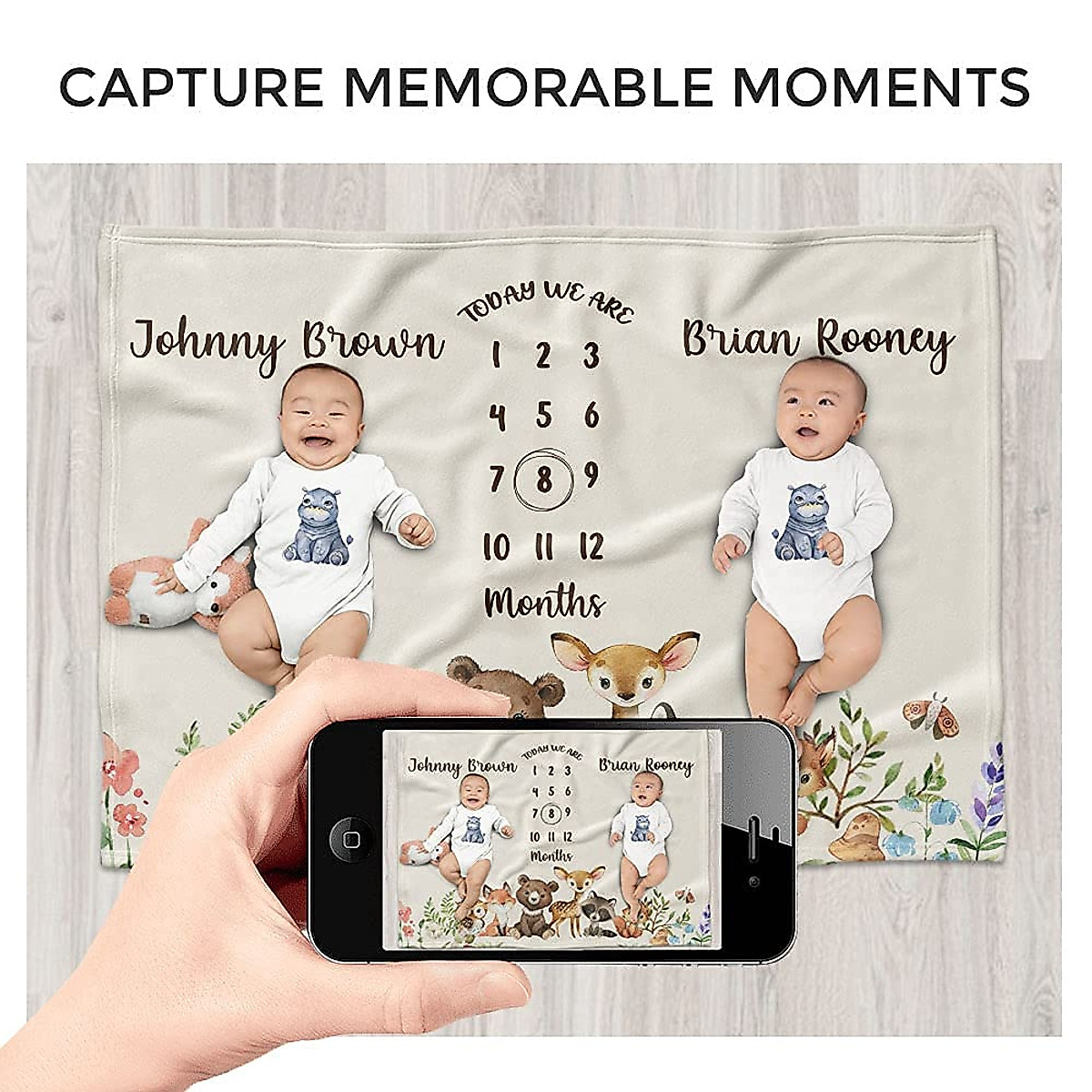 MDPrints Personalized Twin Milestone Blanket, Custom Monthly Baby Blankets with Name for Boys and Girls, 30x40 & 50x60inch Soft Plush Fleece (Brown)