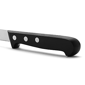 ARCOS Salmon Knife / Fish Knife 11 Inch Nitrum Stainless Steel and 290 mm blade. Ergonomic Polyoxymethylene POM Handle. Series Universal. Long, sturdy blade and serrated edge. Easily cuts. Color Black
