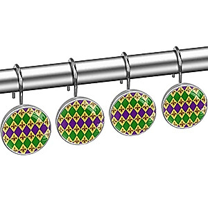 12PCS Mardi Gras Pattern Shower Curtain Hooks Rings for Bathroom, Decorative Shower Curtain Hooks Rods Curtains and Liner
