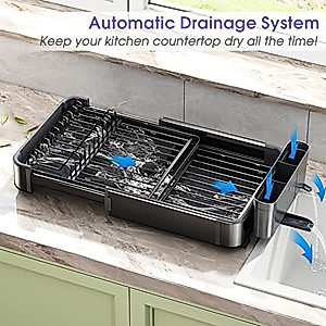 Aluminium Dish Drying Rack, Expandable(14.9"-22.2") Dish Racks for Kitchen Counter with Drying Mat, Rustproof Large Dish Drainers and Drainboard Set with Cutlery & Cup Holders for Various Kitchenware