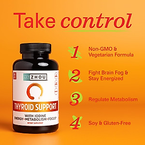 Zhou Thyroid Support Complex with Iodine Supplement, Increase Energy, Fight Brain Fog with Vitamin B12, Iodine, Magnesium, Zinc, Selenium, No Soy, Gluten-Free, 30 Servings, 60 Caps