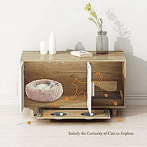 DMIDYLL Extra Large Cat Litter Box Enclosure Houses with Cat Food Bowls and Scratch Pad for Indoor Cats, Hidden Cat Litter Box Furniture Cabinet, Cat Washroom, Modern Cat Home Nightstand