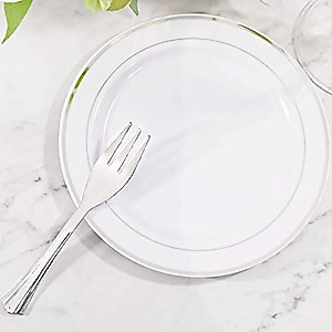 WELLIFE 120 PCS Silver Plastic Dessert Plates with 120 PCS Silver Forks,6.3 inch Disposable Salad Plates,Premium White Appetizer Plates with Silver Rims Ideal for Weddings& Parties.