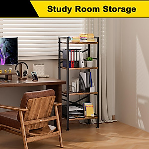 GIOTORENT 4 Tier Book Shelf, Small Bookshelf Storage Organizer, Tall Narrow Bookcase with Storage Shelves, Wooden Industrial Office Shelves for Bedroom, Living Room, Rustic Brown