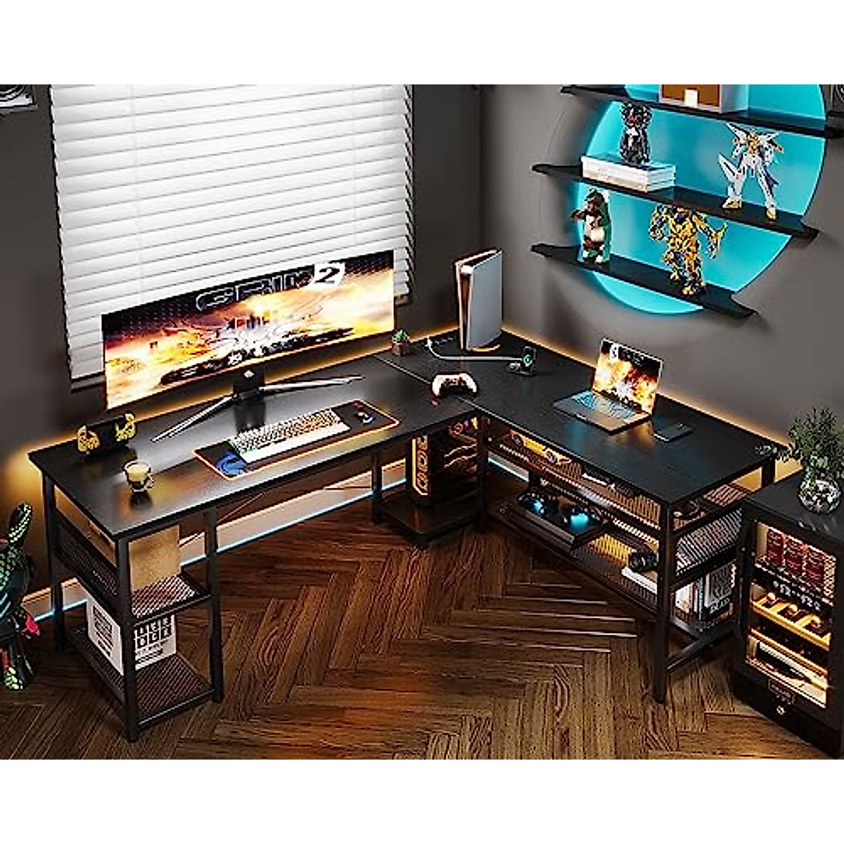 ODK 66" L Shaped Desk with Power Outlet and USB Charging Ports, Reversible L Shaped Computer Desk with Storage Shelves, Home Office Desk, Gaming Desk, Corner Desk, Black