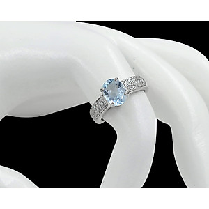 9X7 MM Natural Deep Color Aquamarine Gemstone 925 Sterling Silver March Birthstone Solitaire Unisex Promise Ring For Engagement (Rhodium Plated Silver, 6.5)