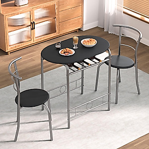VECELO 3 Piece Small Round Dining Table Set for Kitchen Breakfast Nook, Wood Grain Tabletop with Wine Storage Rack, Save Space, 31.5", Black & Silver
