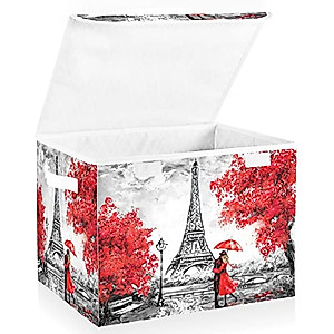Oil Painting Paris European City Landscape Storage Bins for Closet, Collapsible Storage Baskets with Lids and Handles for Shelves Closet Home Decor
