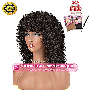 rosmile Curly Wigs for Black Women - Natural Black Synthetic African American Full Kinky Curly Afro Hair Wig with Bangs