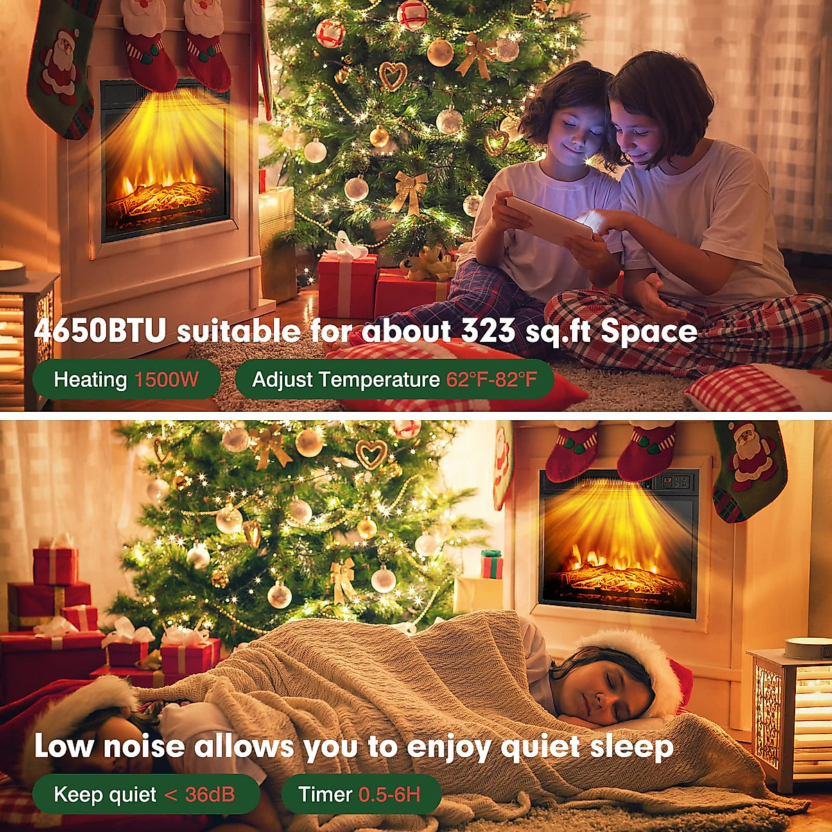 SIMOE 18 Inch Electric Fireplace Inserts, 1400W Wall-recessed & Freestanding Fireplace Heater with 3 3D Flame Brightness & Thermostat, 0-6H Timer, Remote Control & Button Control