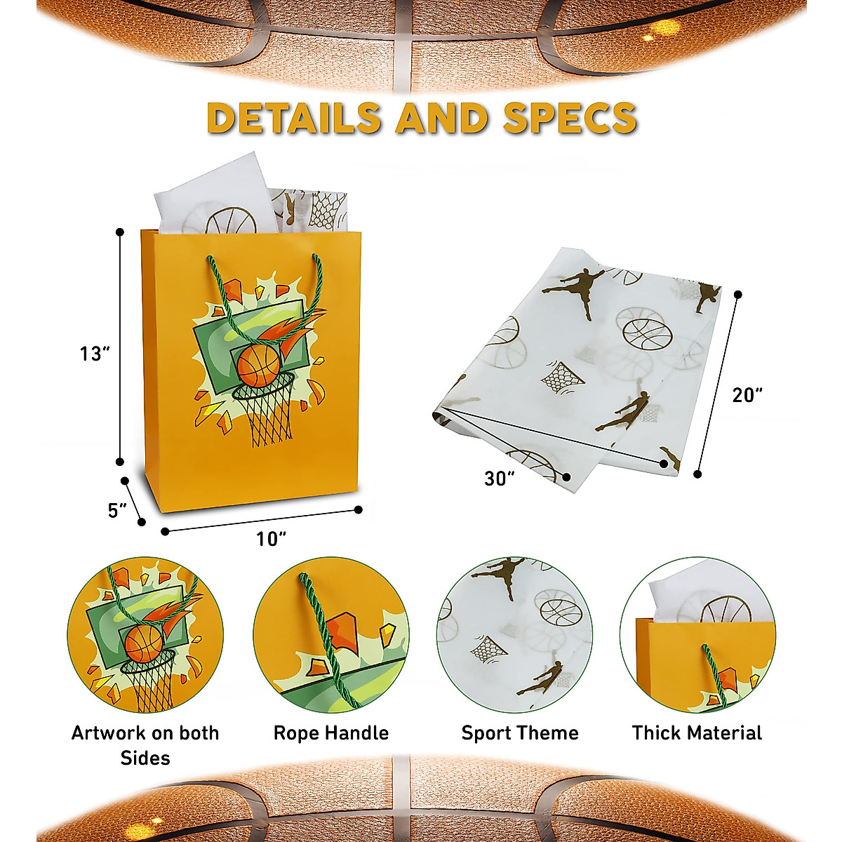 CoTa Global Basketball Gift Bag with Tissue Paper - Premium Large Gift Bag with String Handles, Reusable Orange Basketball Sport Gift Bag and Tissue Paper Set for Birthday and Occasions - 13 Inch