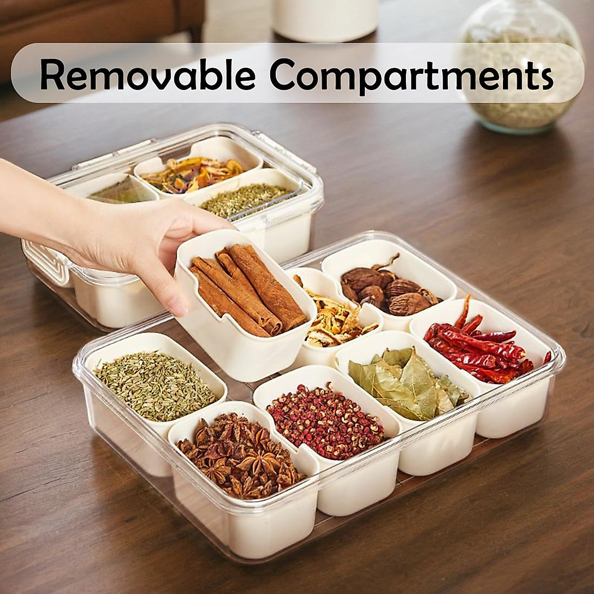 Snackle Box Container with Lid and Handle - 8 Compartments Divided Serving Tray, Portable Travel Snack Charcuterie Organizer for Candy, Fruits, Veggie and Snacks