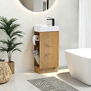 JINDOLI 16“ Bathroom Vanity Sink Combo for Small Space, Modern Floor-standing Small Bathroom Vanity with Sink, Small Bathroom Sink Cabinet Set with 2 Toilet Paper Holders, Snaefell Oak