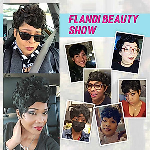 Flandi Short Pixie Cut Wigs for Black Women Natual Black Curly Pixie Wigs with Bangs Short Wigs Human Hair Wigs Short Curly Layered Pixie Wig for Women (Short Pixie Wavy 1B#)