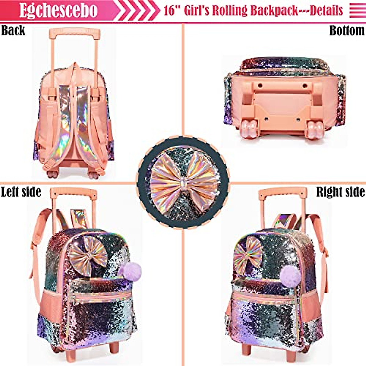 kids Rolling Kid Travel Toddler Duffle Bag Bow Tie Backpack for Girls Carry on Luggage Roller Computer Suitcase with Pencil Case and Lunch Box Wheels Wheeled Sequins Backpacks Girls Gradient Champagne