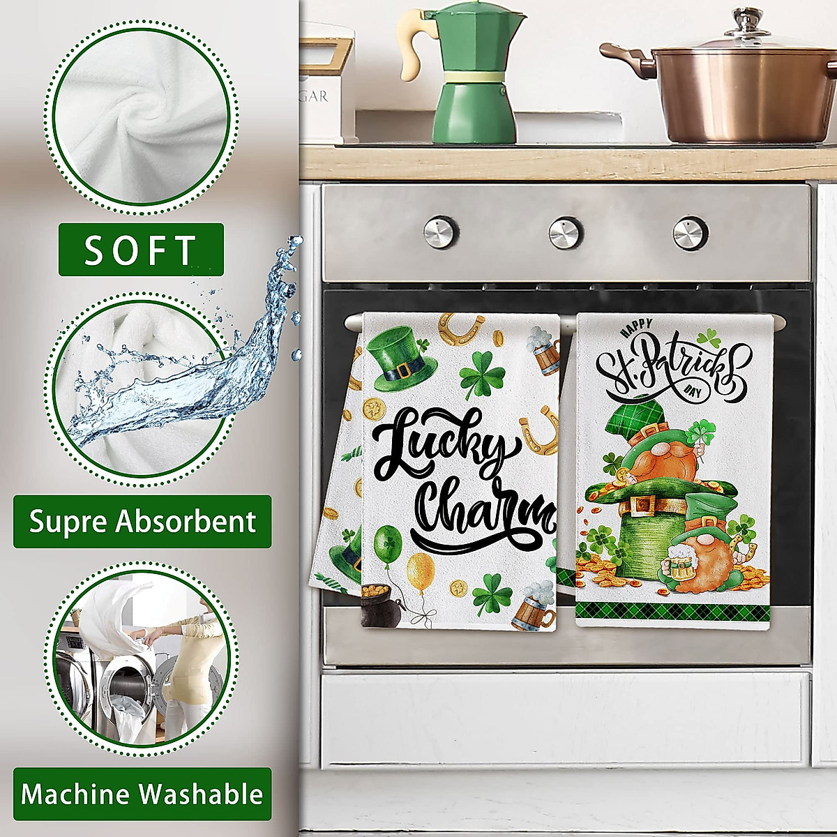 Hexagram St Patricks Day Kitchen Towels Set of 4, Happy St Patricks Day Dish Towels, Gnomes Green Hat St Patricks Day Decor, Hand Towels Housewarming Gifts for New Home