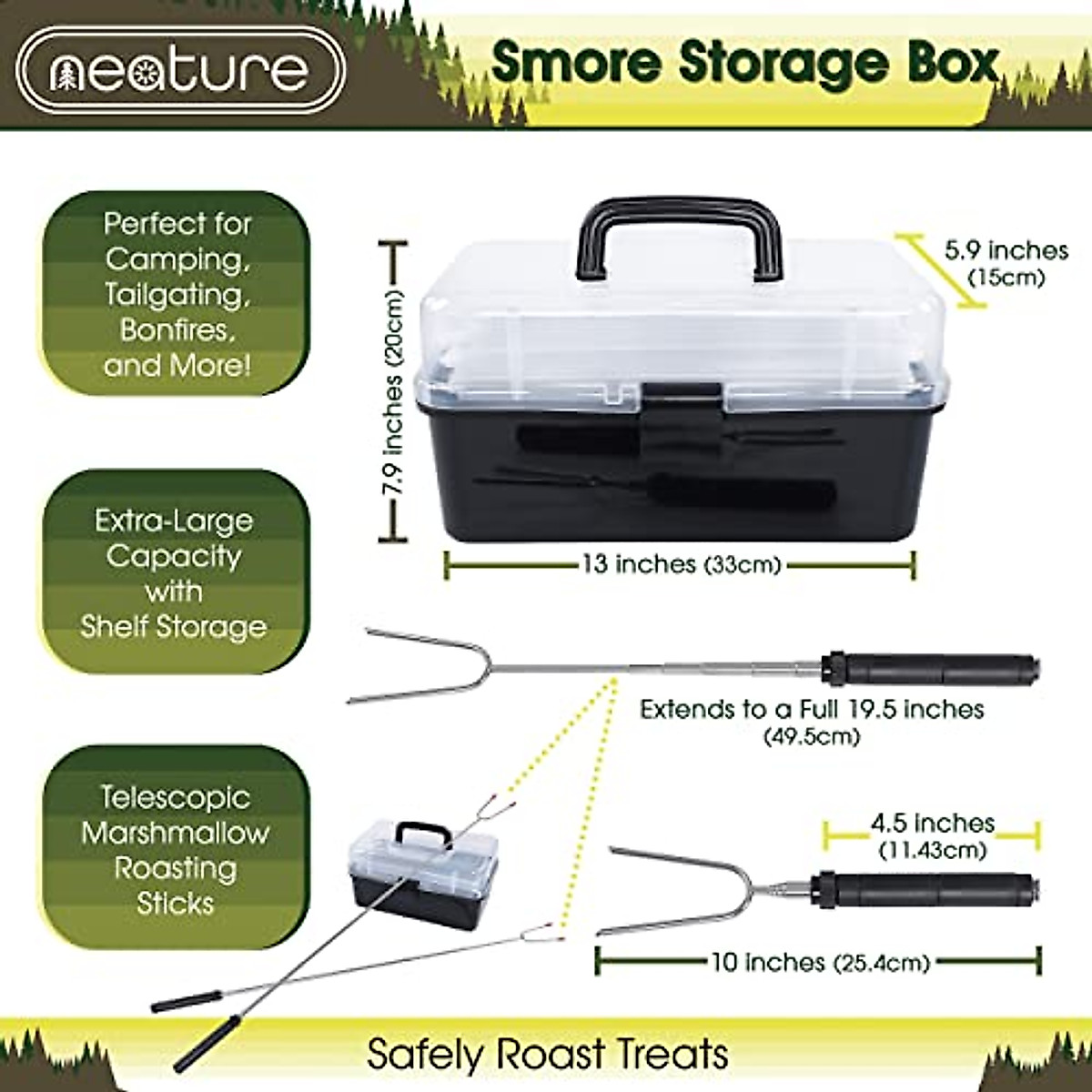 Neature Backyard Smores Kit - Black 13 x 7.9 x 5.9in Plastic Dessert Bonfire Accessories Caddy with Telescoping Skewers
