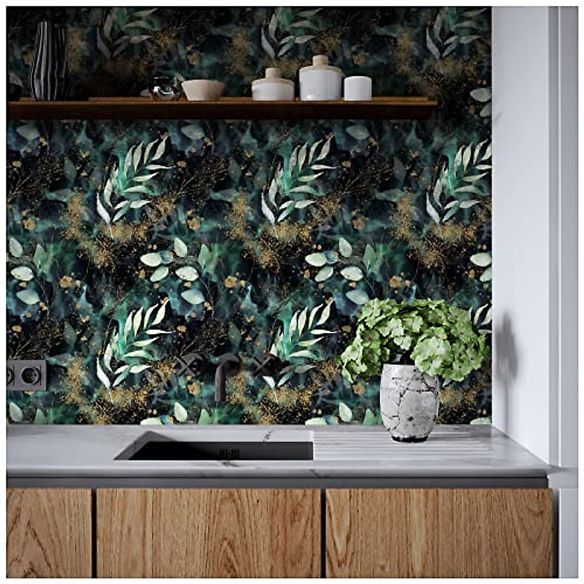 HAOKHOME 93208 Boho Peel and Stick Wallpaper Leaves Branch Removable Black/Green/Matte Gold Vinyl Self Adhesive Mural for Bedroom 17.7in x 9.8ft