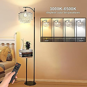 Floor Lamp with Table and Shelves for Living Room Bedroom Modern Arc Crystal Floor Standing Lamp with Remote Dimmable Two Layer Crystals LampShade Black Adjustable Tall Lamp Industrial Floor light
