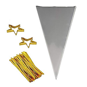 COOLAKE Clear Cone Bags 100PCS Cellophane Triangle Clear Treat Bags with Gold Twist Ties for Christmas Candy Popcorn Handmade Cookies Sweets Crafts 14.5” by 7”