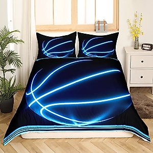 Erosebridal Sports Comforter Cover for Boys Neon Basketball Duvet Cover 3pcs Kids Teens Sports Theme Bedding Sets Full Glowing Basketball Bedding,Ball Gaming Quilt Cover Soft,Black Blue