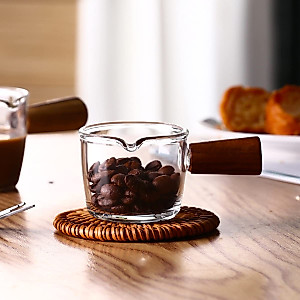 Single Spout Espresso Coffee Shot Glass with Wood Handle Measuring Cup Triple Pitcher Milk Cup Coffee Replacement Carafe for Barista Milk Espresso Making, 75 ml (2 Pieces)