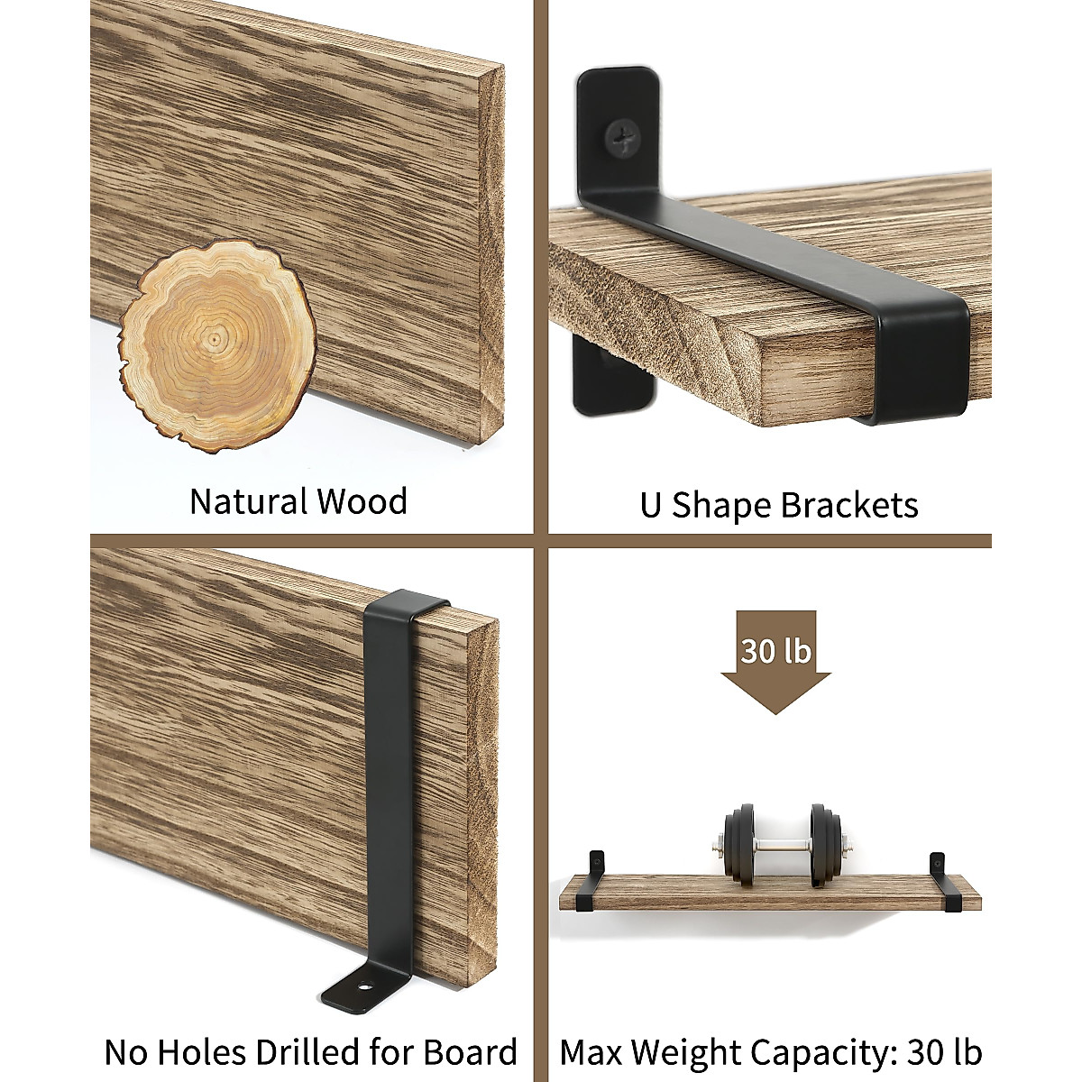 Sapowerntus Wood Floating Shelves Bathroom Wall Mounted, 24 Inch Light Rustic Farmhouse Narrow Shelf Storage, Bedroom Living Room Kitchen Office Display Decor with U Metal Brackets Set of 3