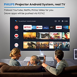 PHILIPS Android TV Projector with Apps and 5G WiFi Bluetooth - Smart Projector Built-in Netflix, YouTube, Outdoor Movie Projector 4D 4P Keystone, Zoom, Compatible w/ iOS/Android/Xbox/PS4/TV Stick/HDMI