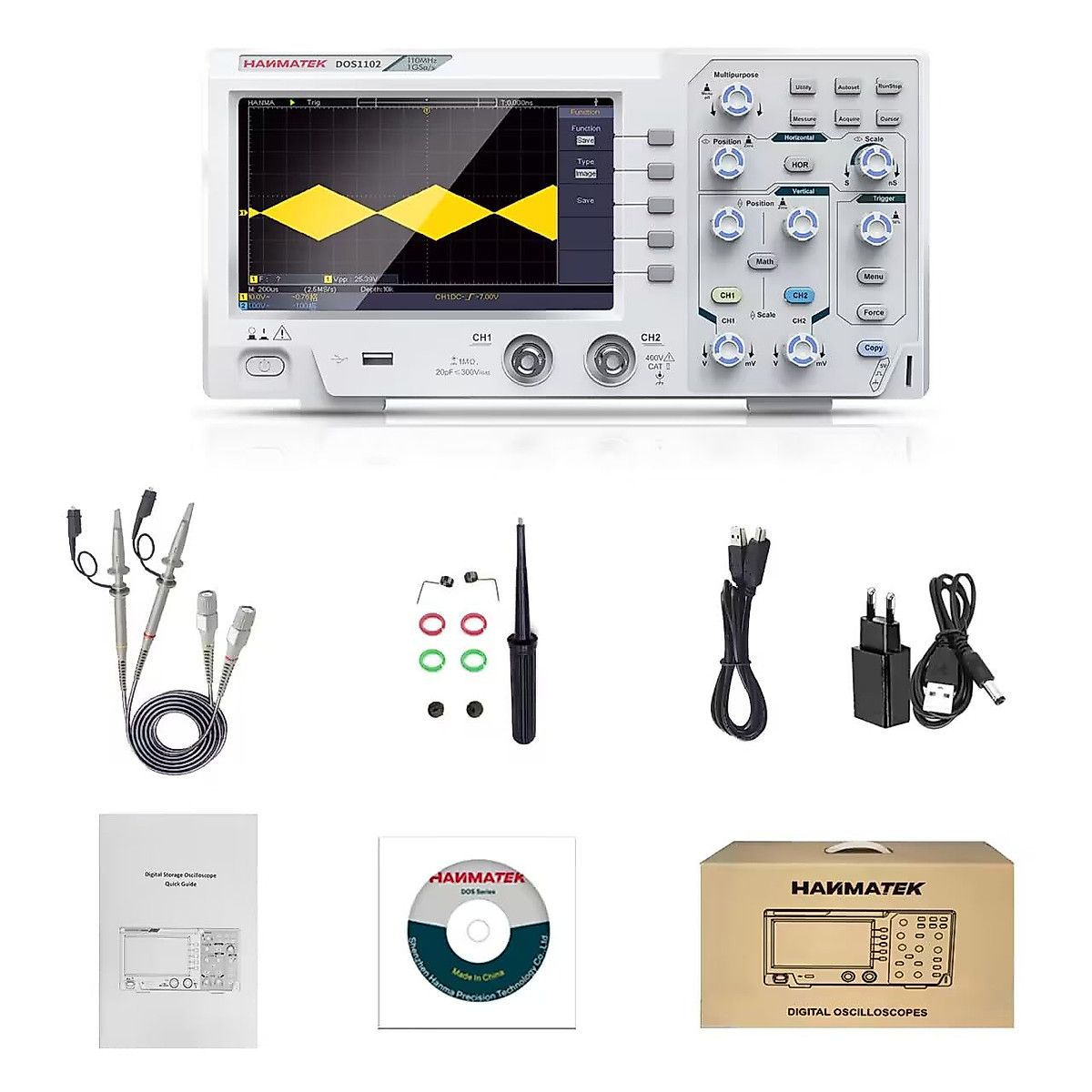 HANMATEK 110mhz Bandwidth DOS1102 Digital Oscilloscope with 2 Channels and Screen 7 inch / 18 cm, TFT-LCD Display, Portable Professional Oscilloscope Kit with 500 MS/s *2 Sampling Rate