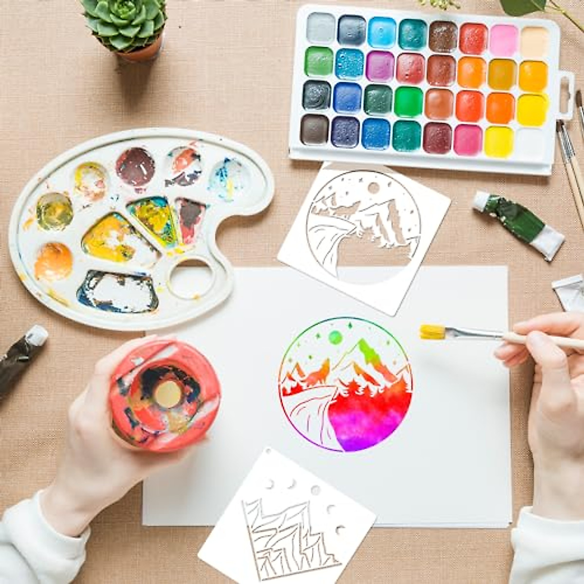 Pkqon Boho Stencils for Painting Nature Mountain Moon Sun Drawing Stencil Leaf Landscape Paint Template on Wood Wall Art Crafts Shirt Canvas Furniture Paper (Mountain) white